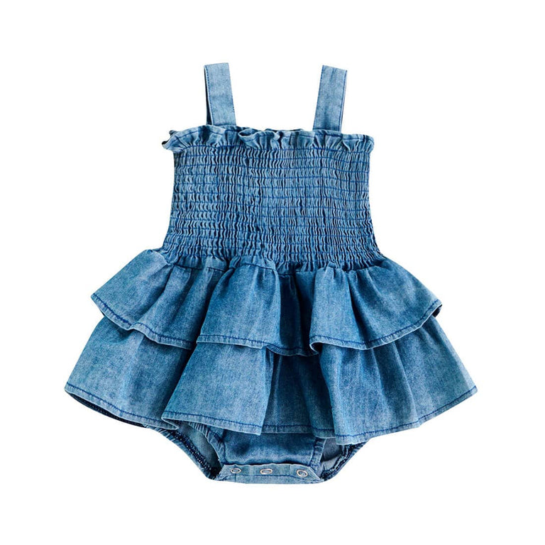 Baby Girl Sleeveless Denim Ruffled Romper – The Trendy Toddlers